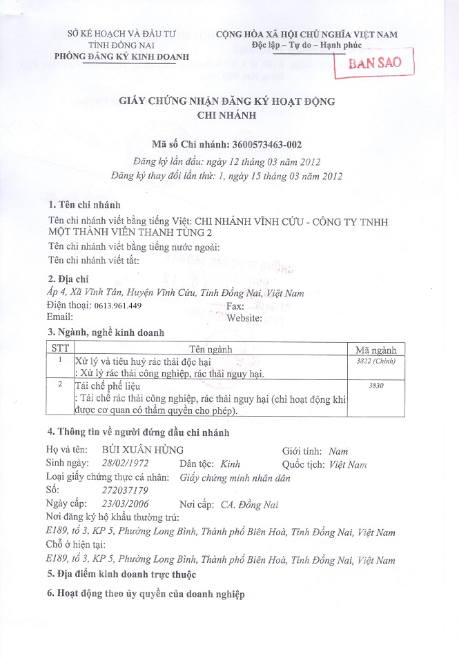 Certificate Of Operation Registration Of Vinh Cuu Branch Certificate Of Operation Registration Of Vinh Cuu Branch